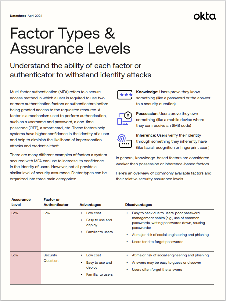 Factor Types & Assurance Levels | Okta
